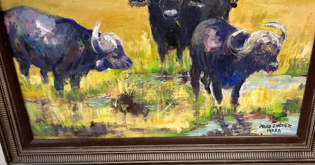 Oil painting- Purple buffalo in yellow grass , original oil , signed ...