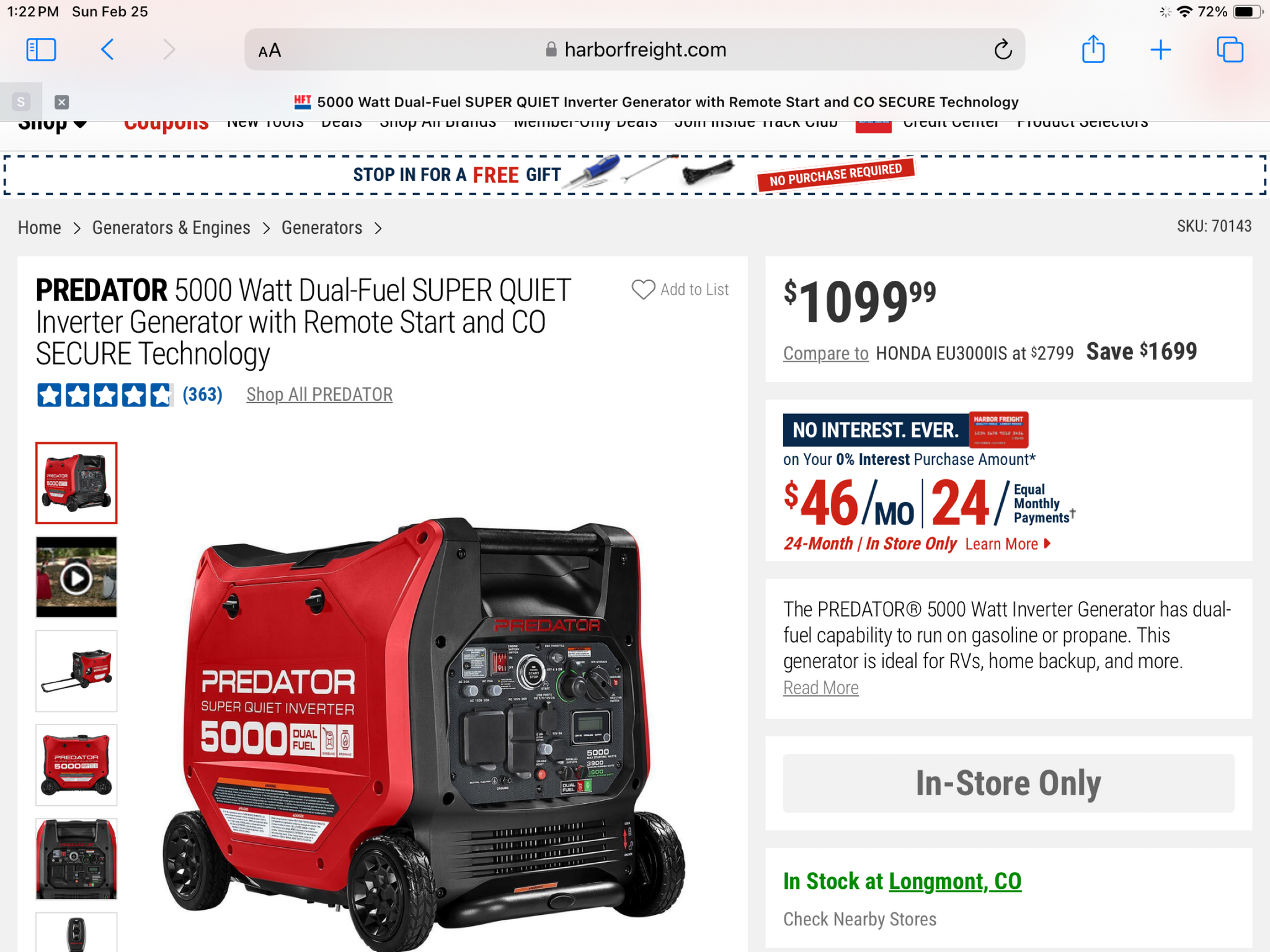 New Predator 5000 Watt Duel - Fuel Generator for $875 in Berthoud, CO ...