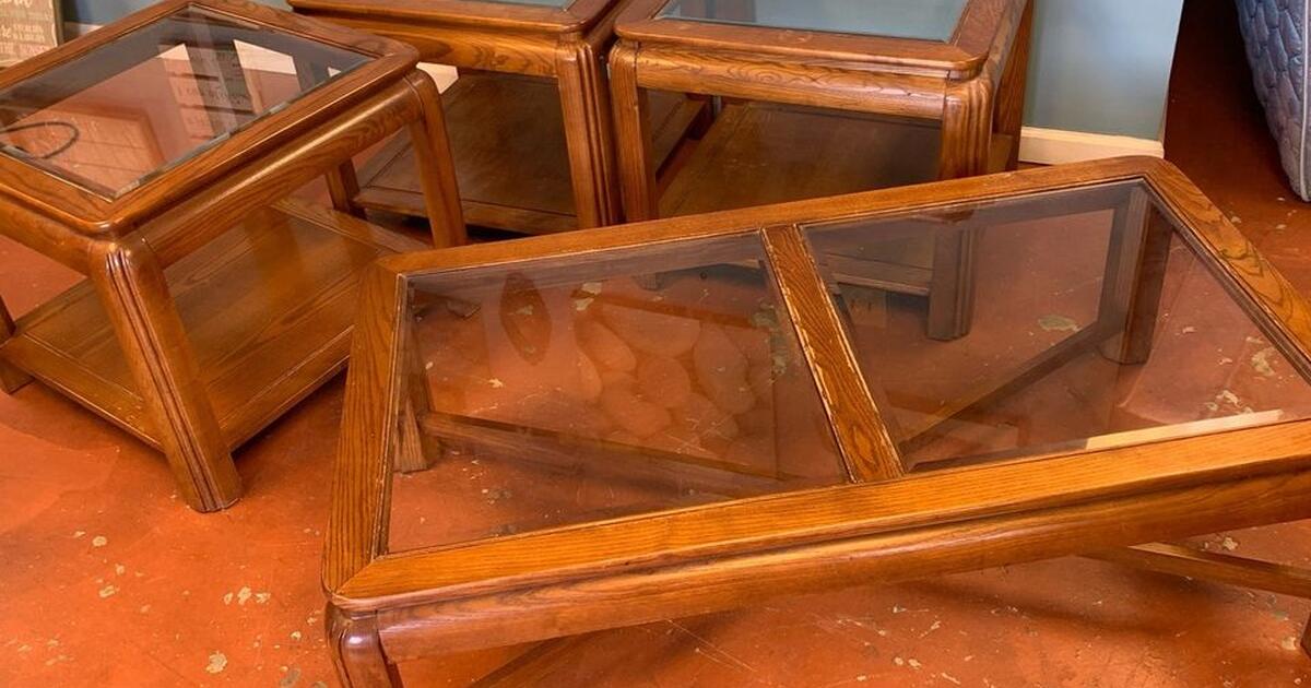 Set of 4 1990s Solid Wood Glass Top End Tables Coffee Table Medium Oak ...