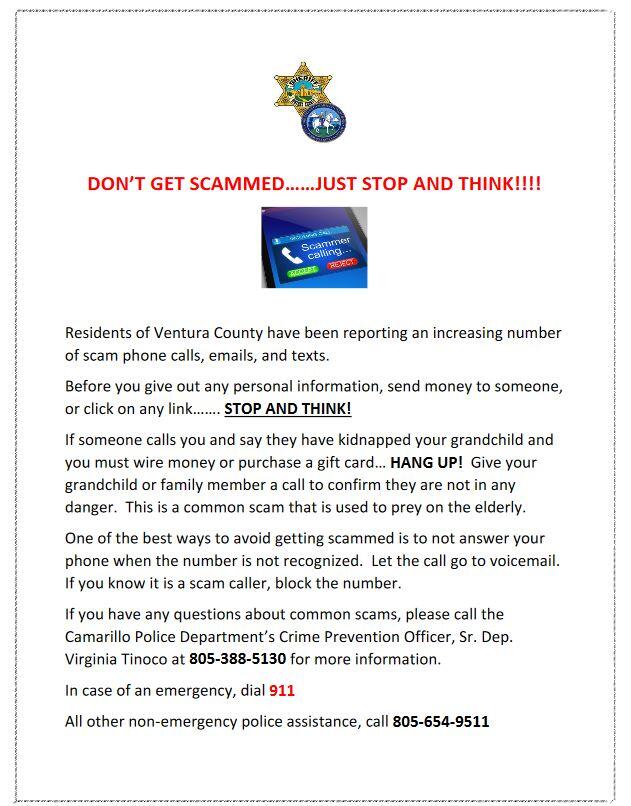 DON’T GET SCAMMED……JUST STOP AND THINK!!!! (Camarillo Police Department ...