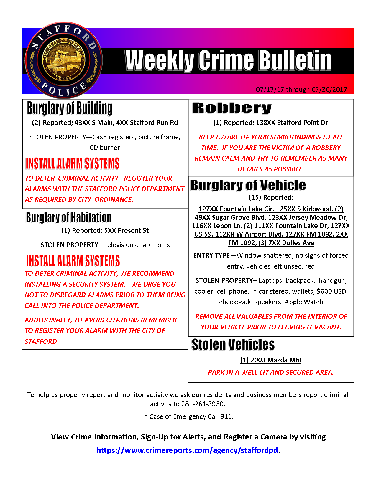 Crime Bulletin (Stafford Police Department) — Nextdoor — Nextdoor