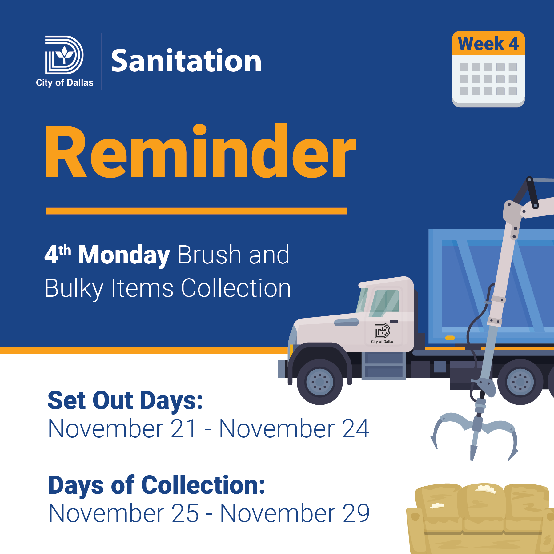 BRUSH AND BULKY ITEM SET OUT REMINDER: 4th MONDAY WEEK SET OUT BEGINS ... BRUSH AND BULKY ITEM SET OUT REMINDER: 4th MONDAY WEEK SET OUT BEGINS ...