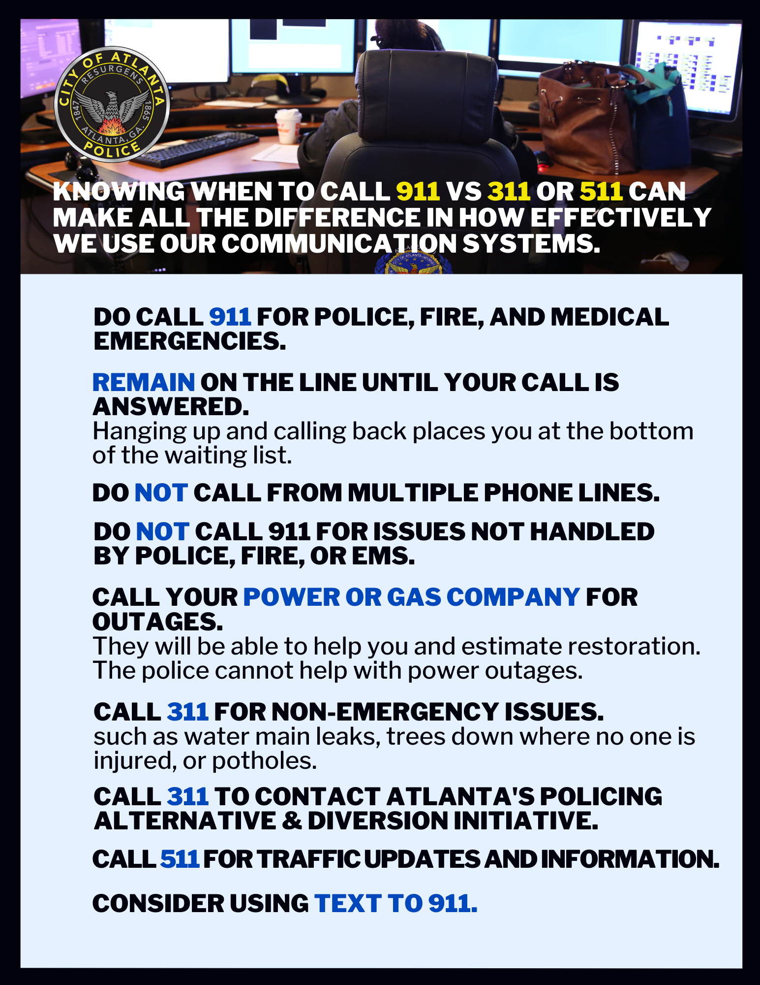 When to Call 911 Versus 311 or 511 (Atlanta Police Department ...