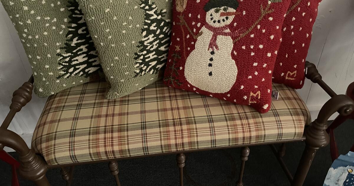 Bench for end of bed: brown iron, plaid patterned seat for $100 in Mc ...