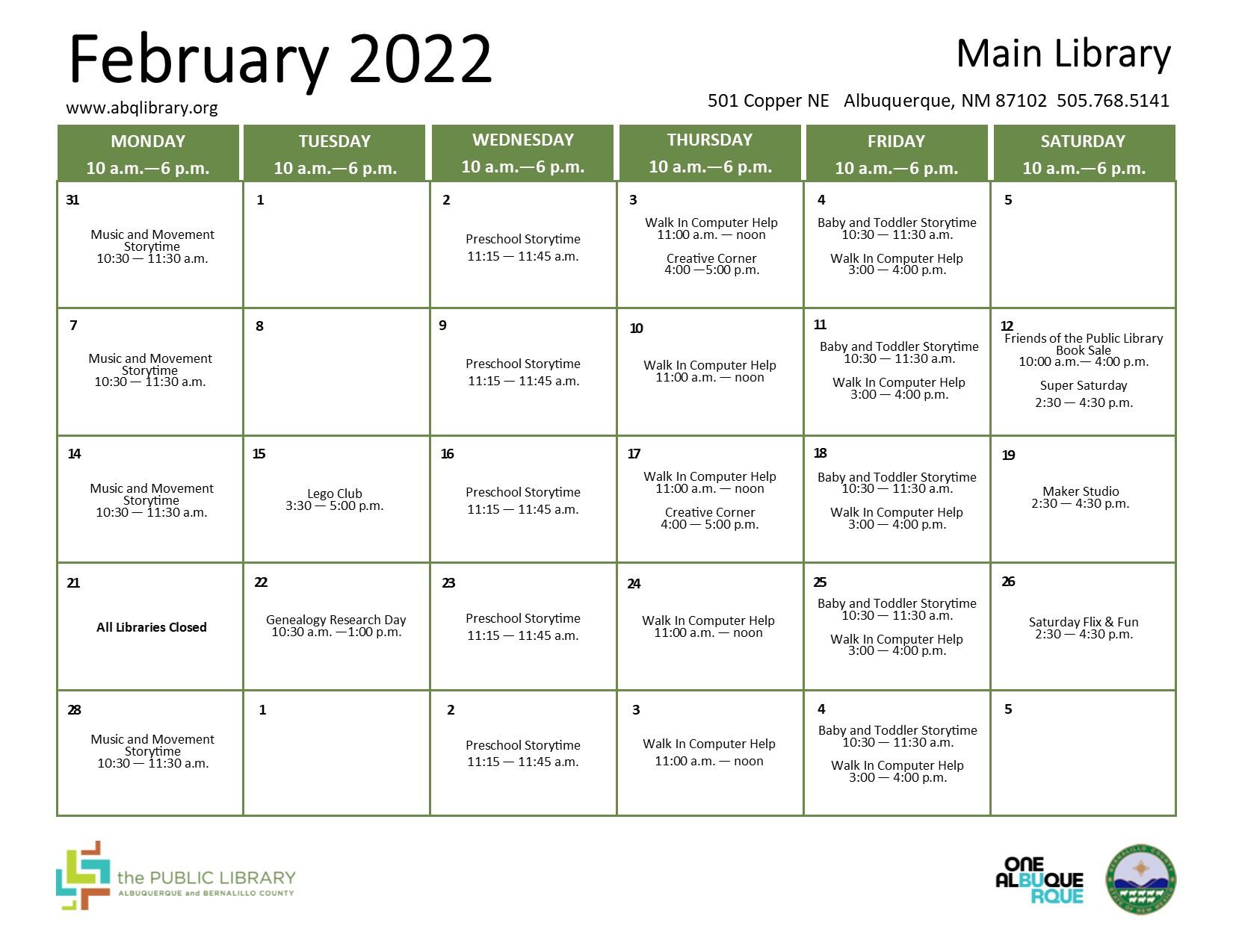 Main Library, February 2022 Calendar & Programs (City of Albuquerque ...