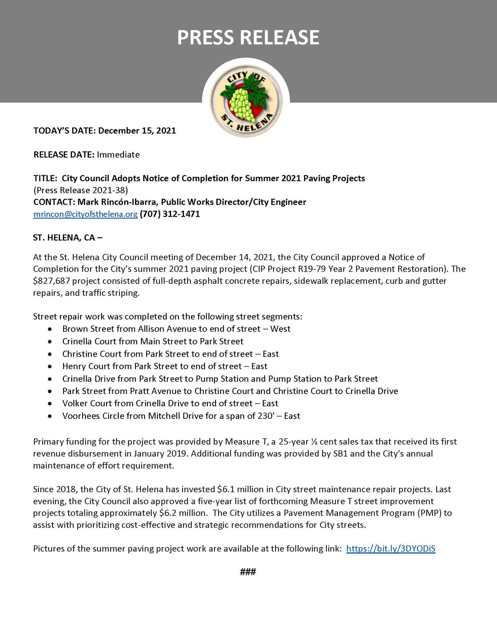 PRESS RELEASE | City Council Adopts Notice of Completion for Summer ...