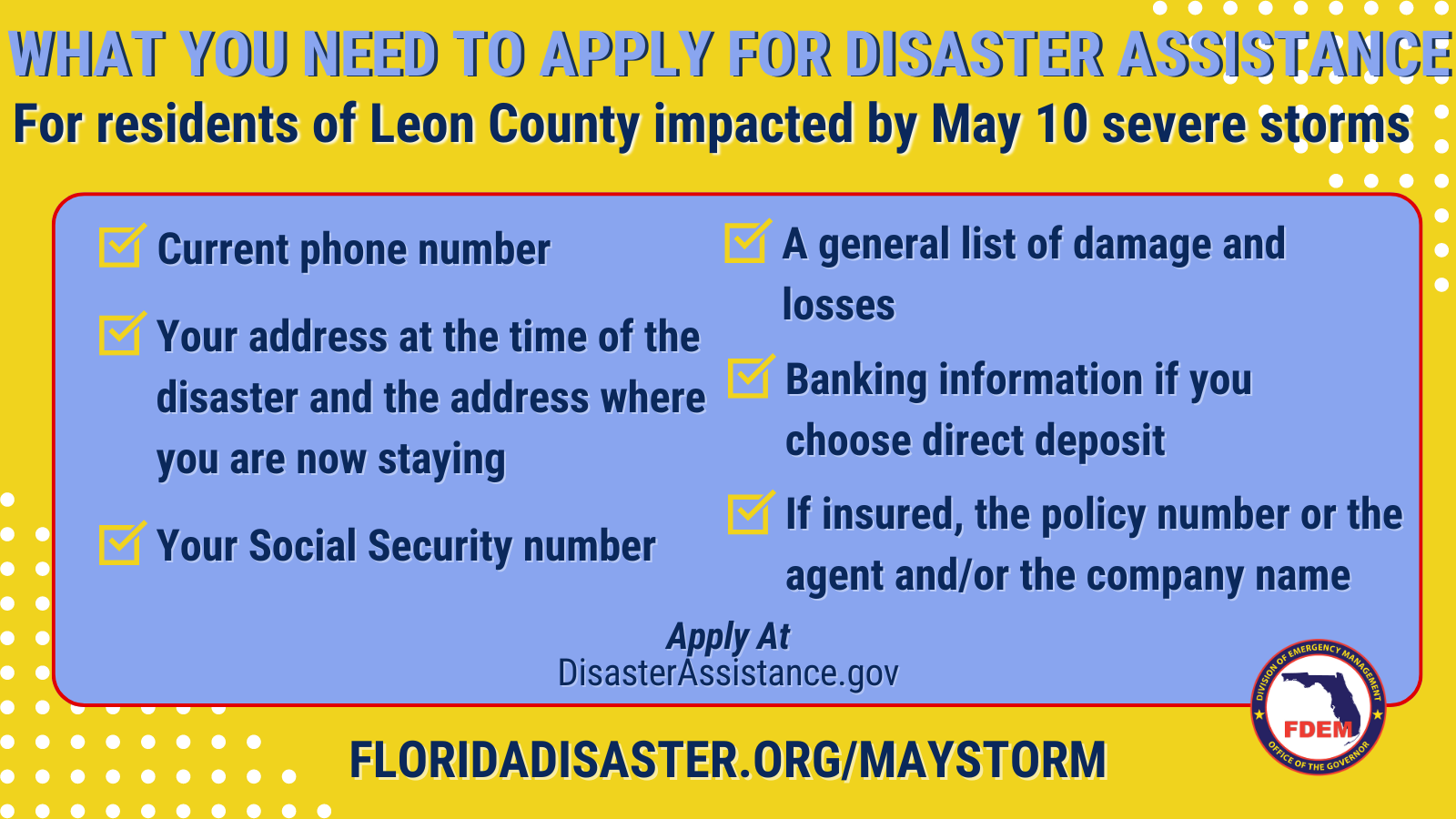 Individual Assistance is now available for Leon County residents that ...
