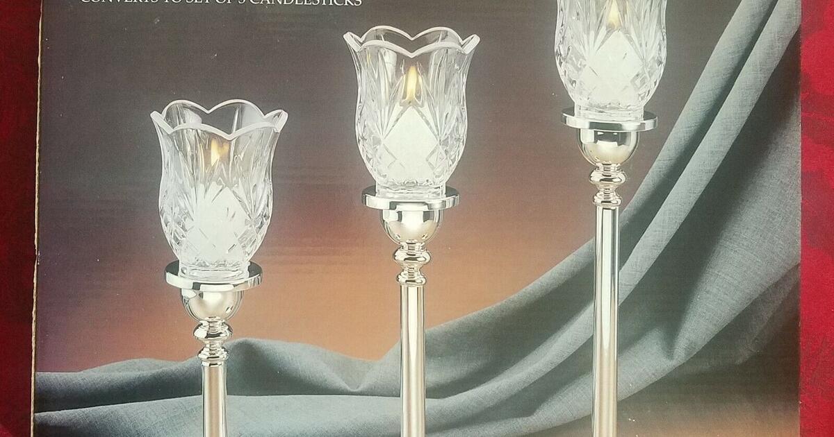 SILVER PLATED SET OF 3 HURICANE LAMPS 24% LEAD CRISTAL SHADES for $20 ...