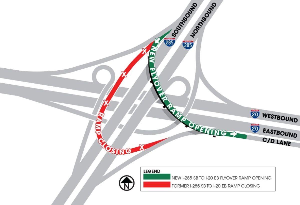The improved southbound I-285 to I-20 eastbound flyover ramp is set to ...