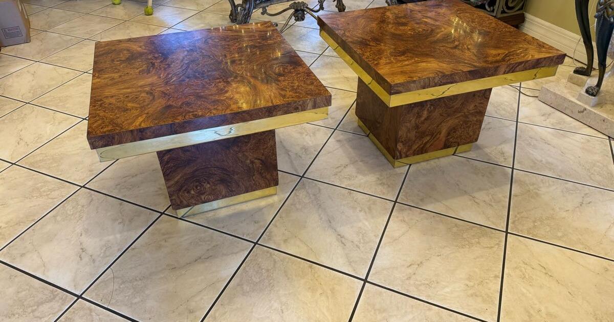 Pair of Milo Baughman Mica Burl and Brass Pedestal End Tables for $350 ...