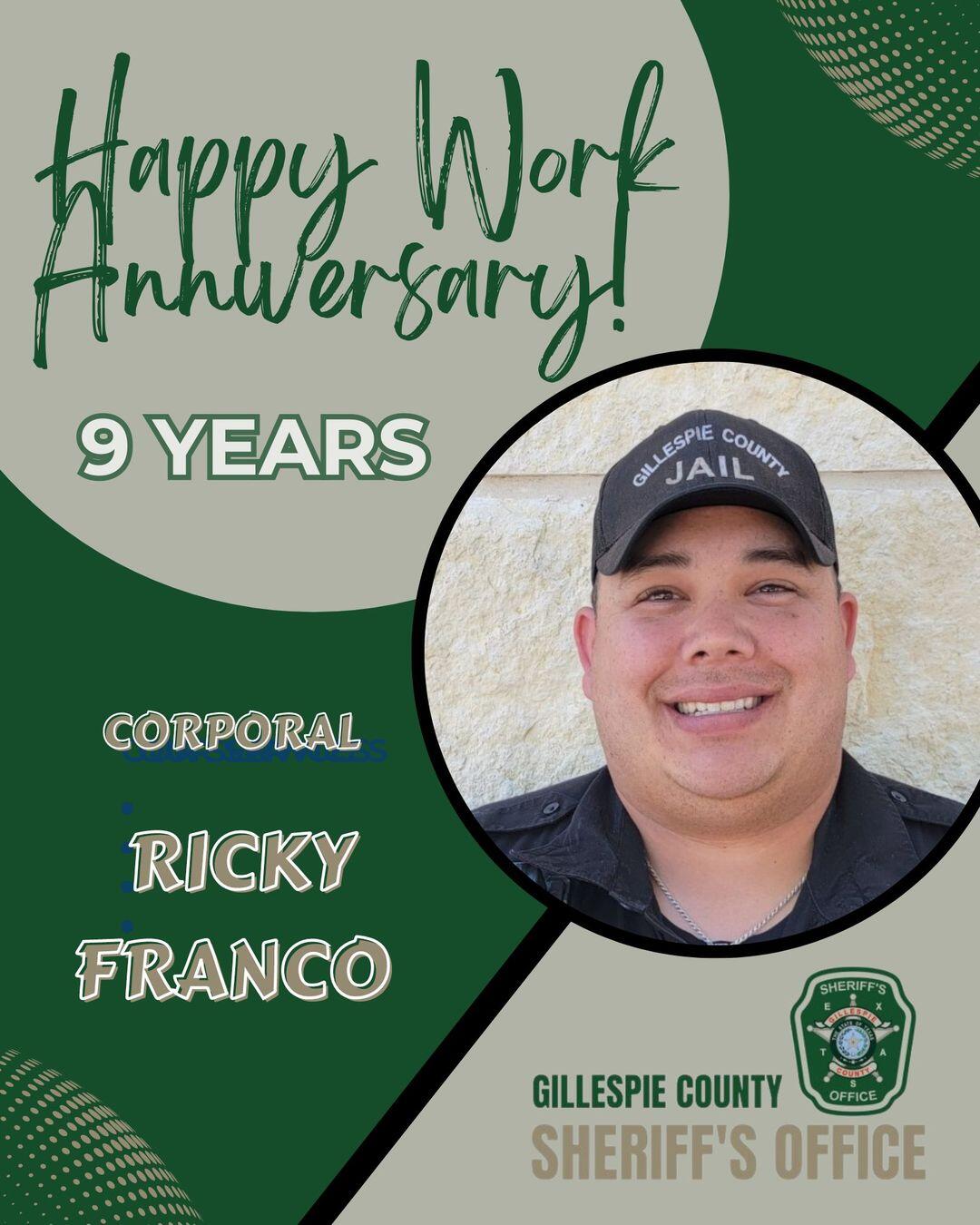Congratulations to Corporal Ricky Franco on his 9th work anniversary ...