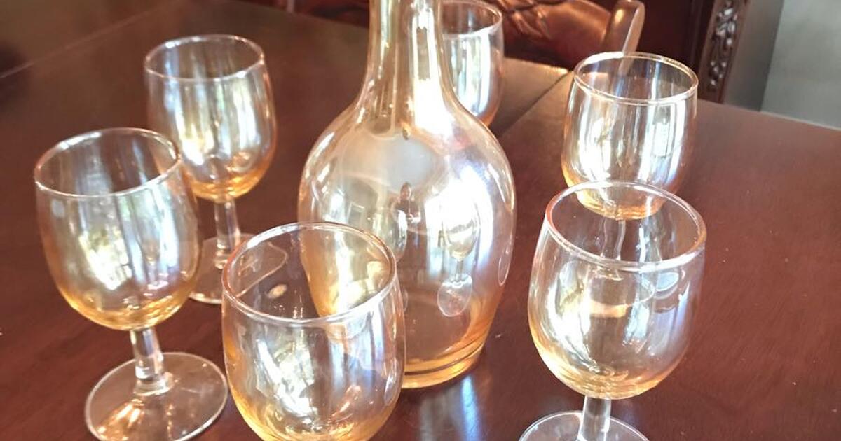 🍷Gorgeous amber colored wine set, six glasses and wine bottle decanter ...