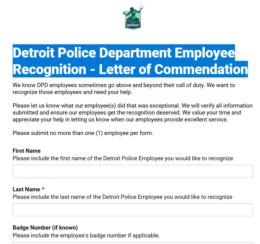 Detroit Police Department Employee Recognition - Letter of Commendation ...