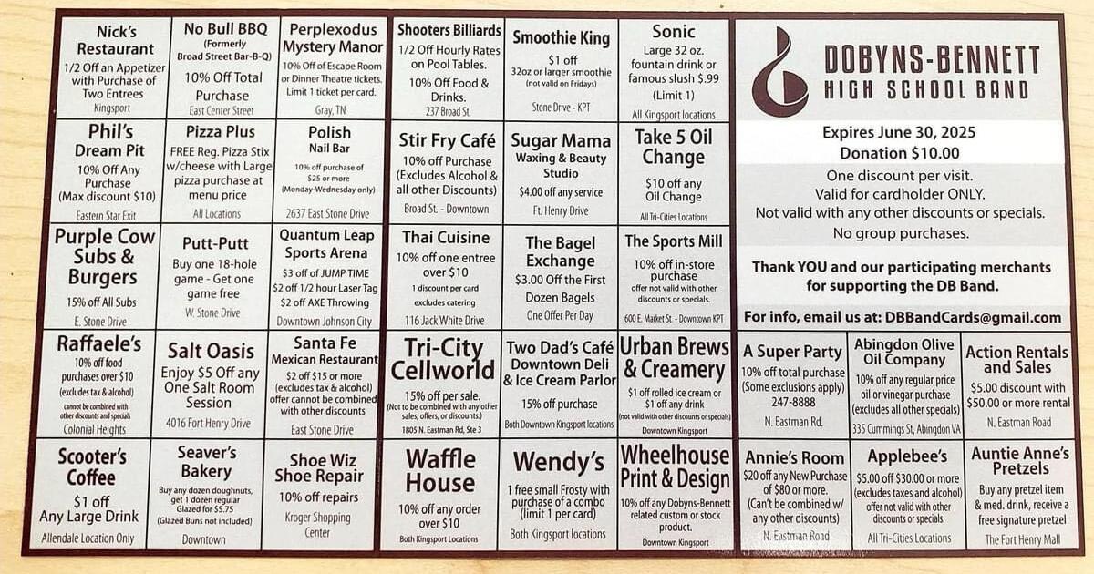 Dobyns-Bennett High School Band Discount Card for $10 in Kingsport, TN | For Sale & Free — Nextdoor