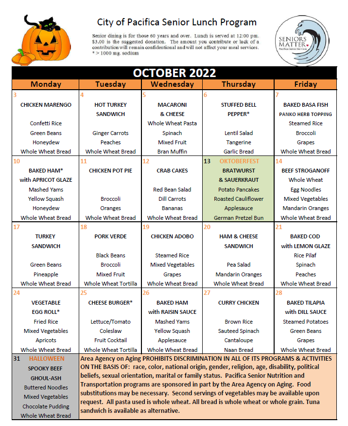 Pacifica Senior Services October Congregate Lunch Menu - VISIT US ...