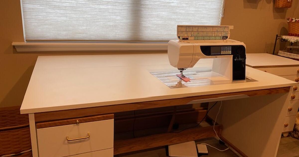 Elna Excellence 760 sewing machine, cabinet, chair and thread cabinet ...