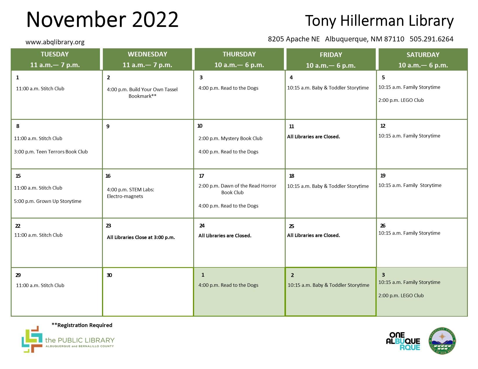 Tony Hillerman Library, November 2022 Calendar & Programs (City of ...