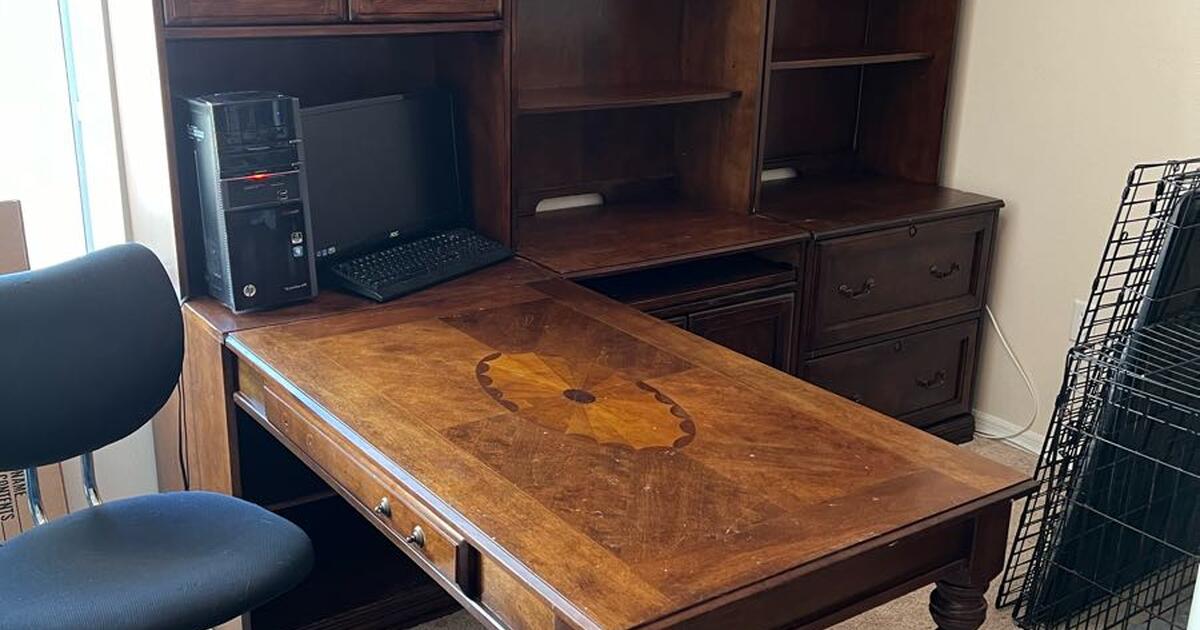 Wood corner desk with filing cabinet and shelving unit for Free in ...