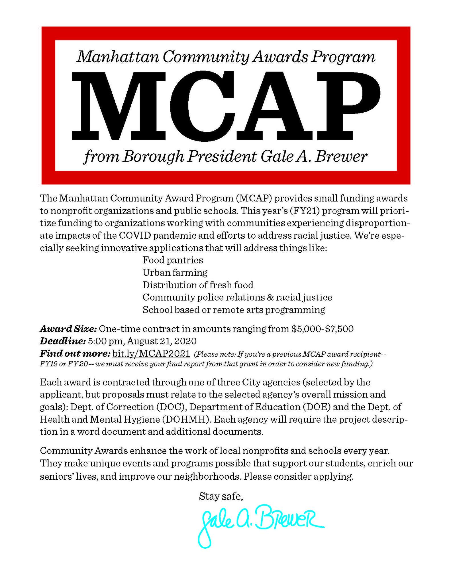 MANHATTAN COMMUNITY AWARDS PROGRAM (MCAP) from Borough President Gale A ...