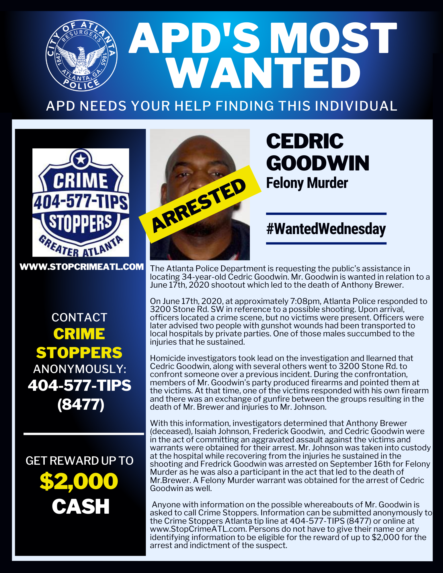 Cedric Goodwin from APD's Most Wanted List Arrested (Atlanta Police ...
