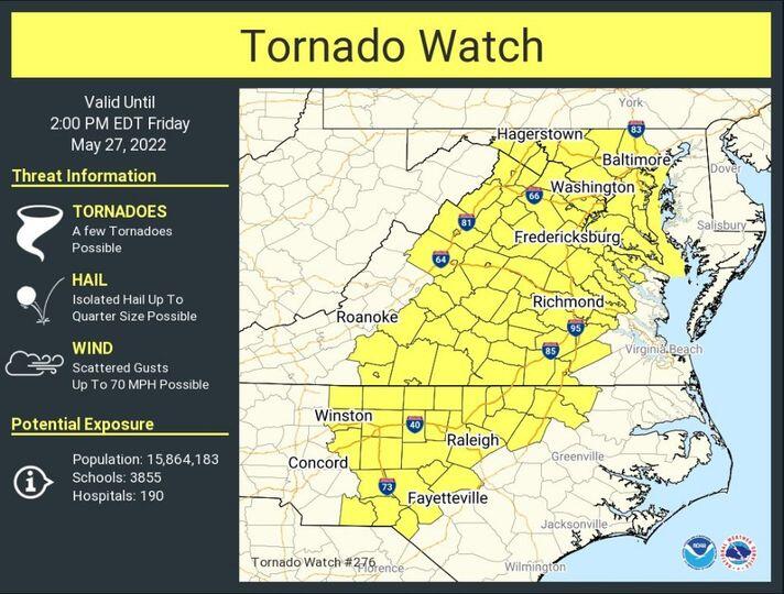 The National Weather Service has issued a Tornado Watch for our area ...