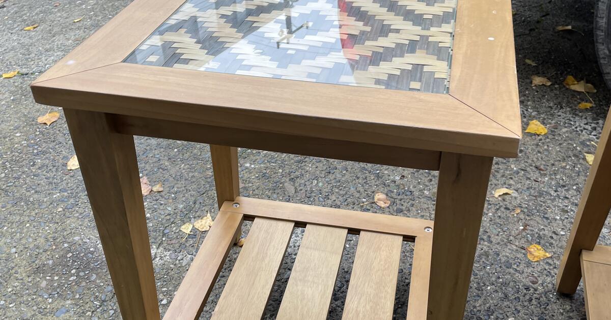 Two end tables with glass top insert and woven details for $50 in ...