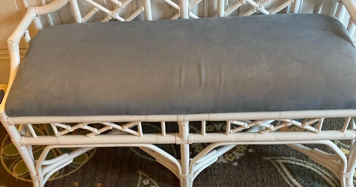 White Rattan Bench with Blue Cushion for $75 in Bluffton, SC | For Sale ...