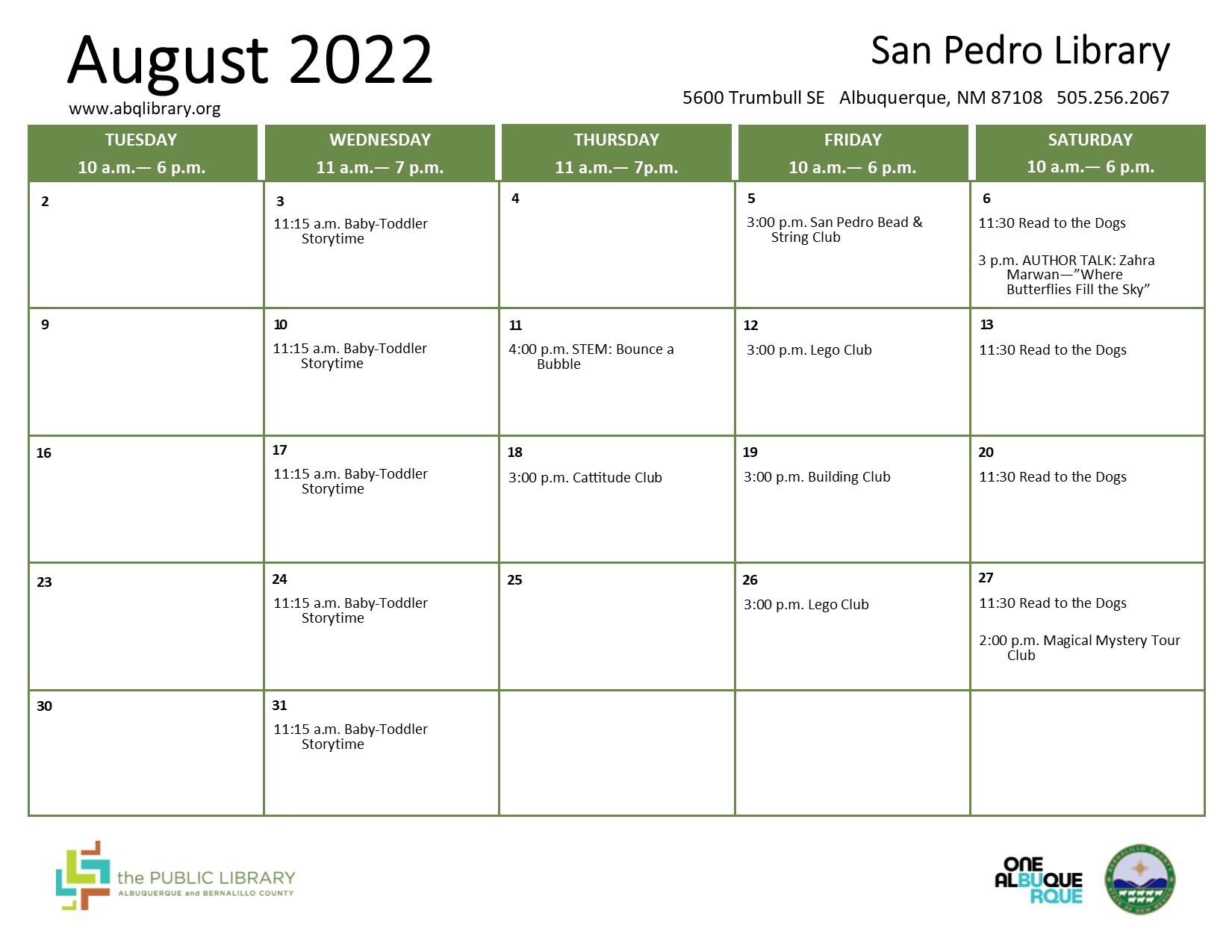 San Pedro Library, August 2022 Calendar & Programs (City of Albuquerque ...