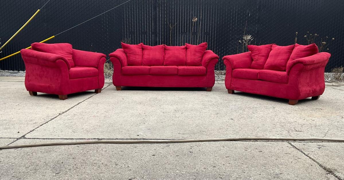 Set of 3 Red Fabric Contemporary Modern Sofa Loveseat & Accent Chair ...