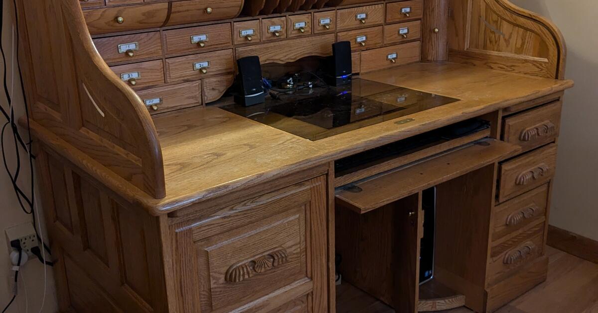 Vintage Wooden Roll-Top Computer Desk with Multiple Drawers for $350 in ...