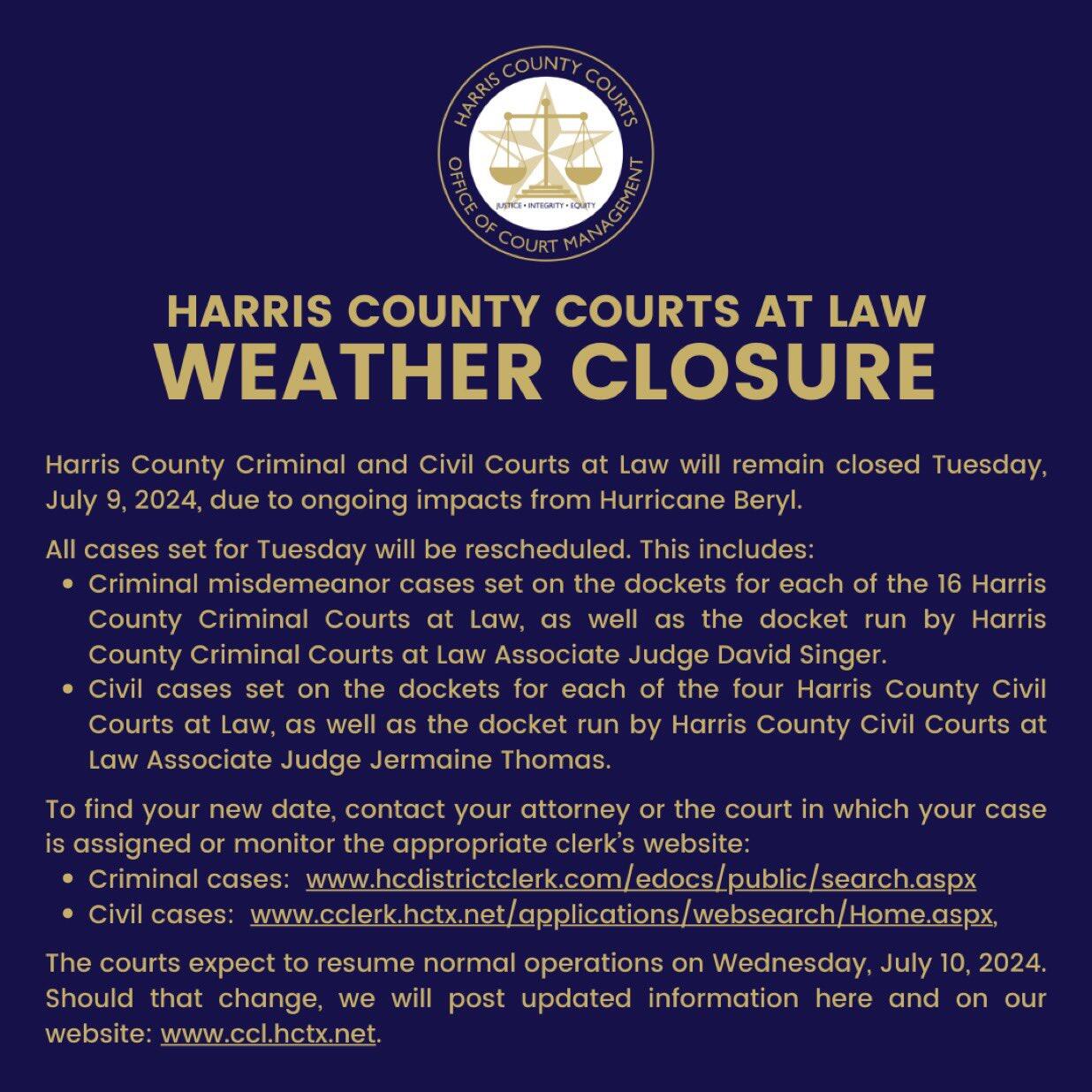 Harris County Criminal and Civil Courts at Law will remain closed on ...