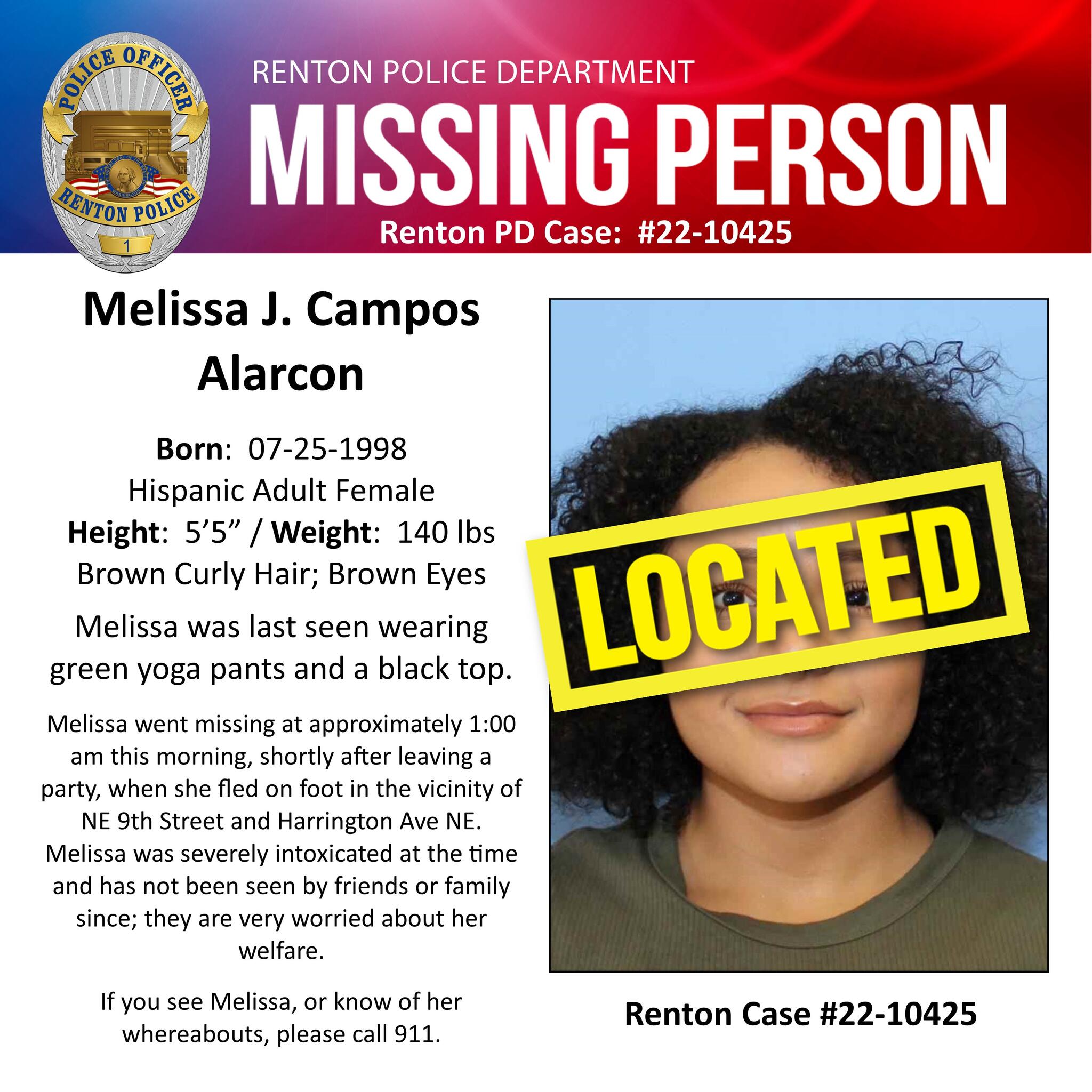 **LOCATED** MISSING PERSON: Melissa Campos Alarcon (Renton Police ...