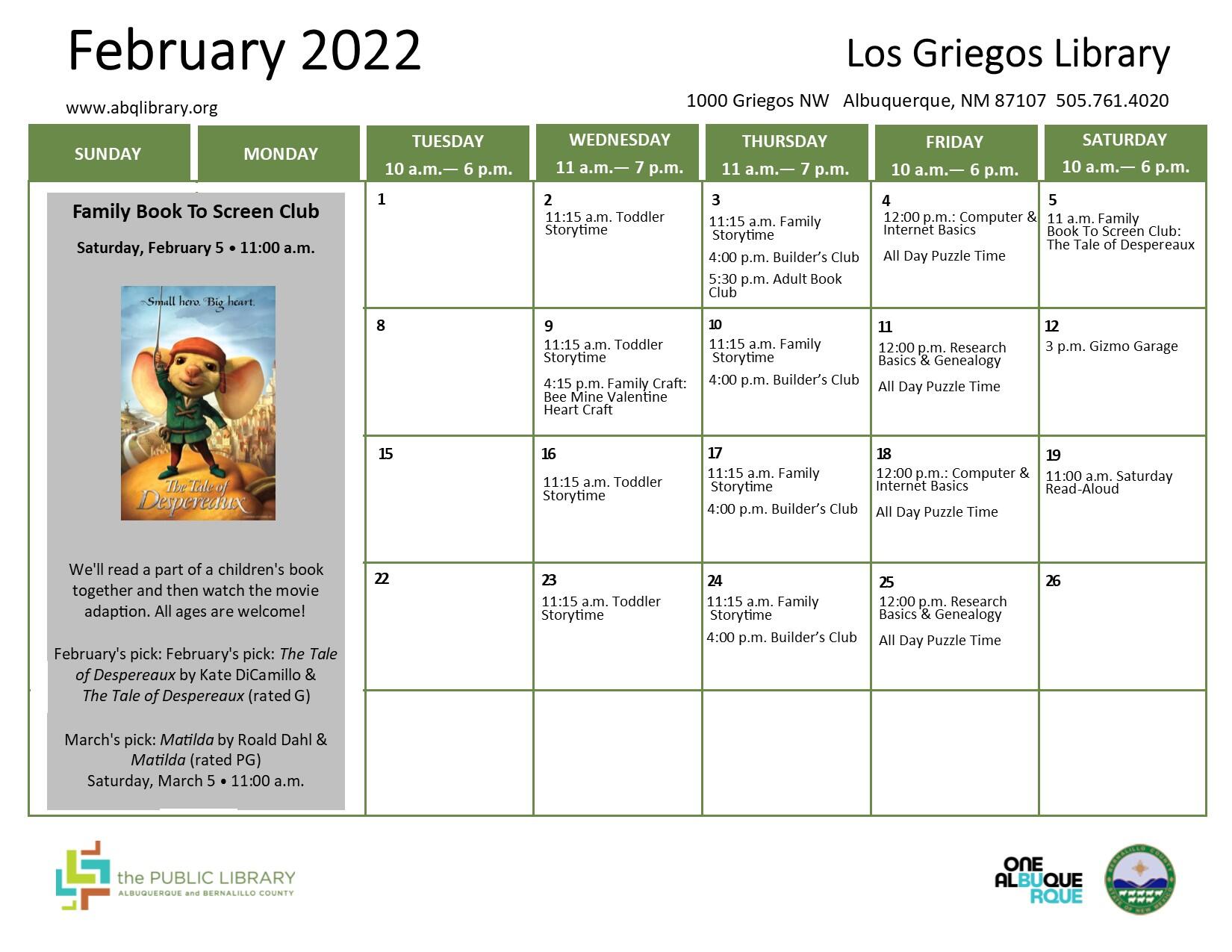 Los Griegos Library, February 2022 Calendar & Programs (City of ...