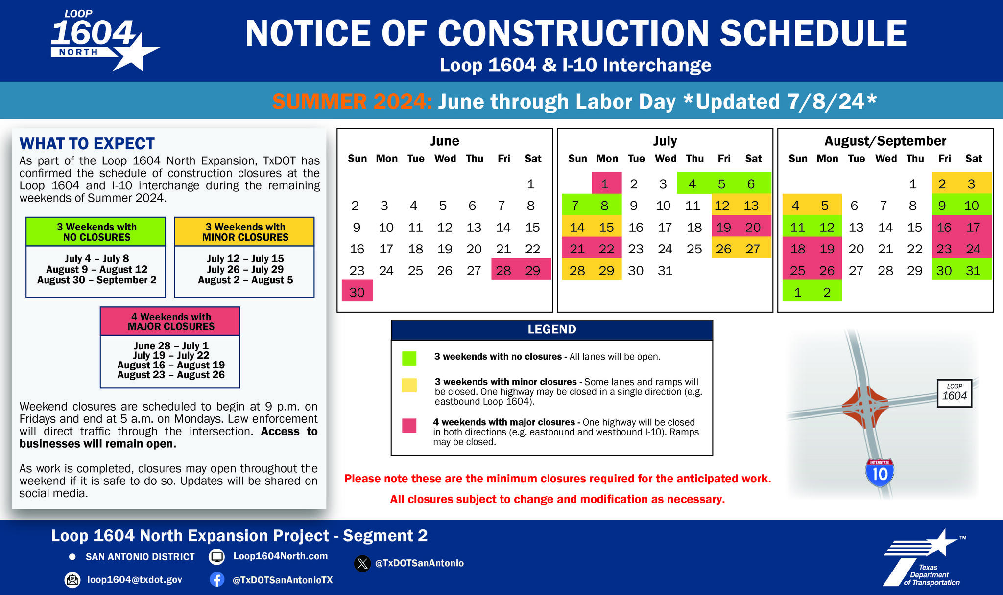 *UPDATE 7/8/24* The summer schedule of weekend closures at Loop 1604 ...