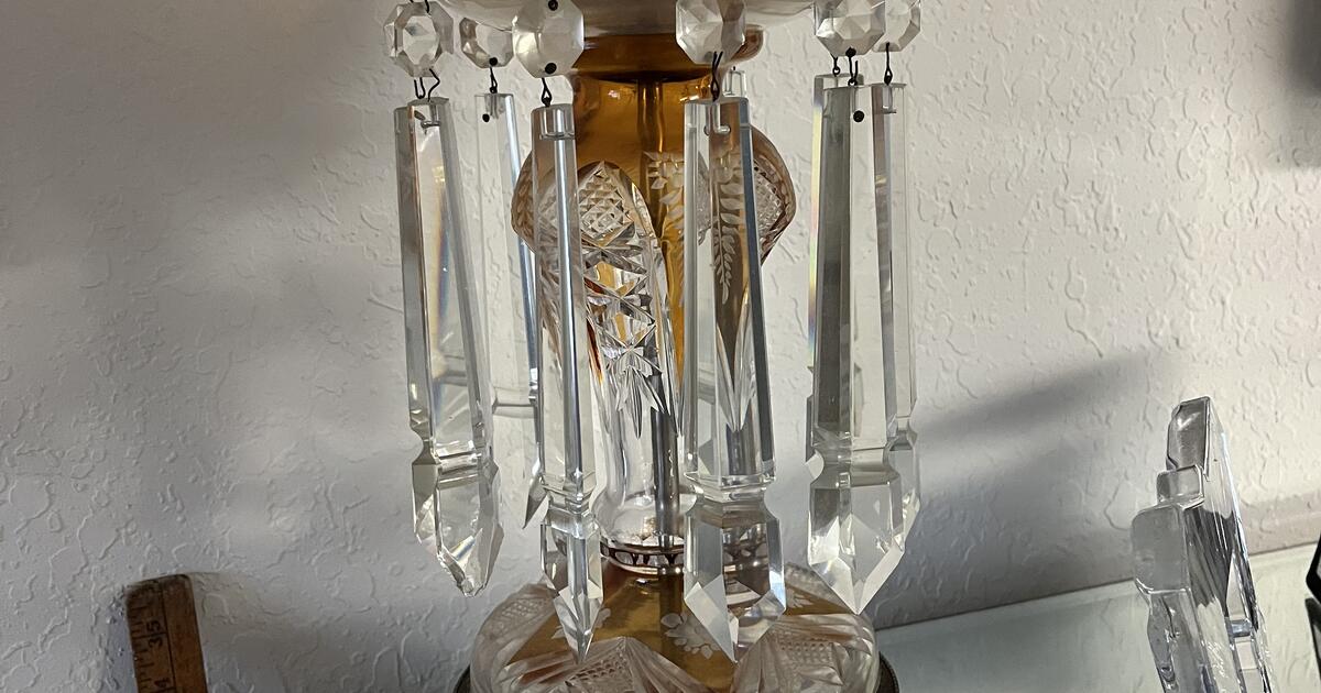 Exquisite Antique Moser Bohemian Mantle Luster Lustre Amber Cut Crystal ...