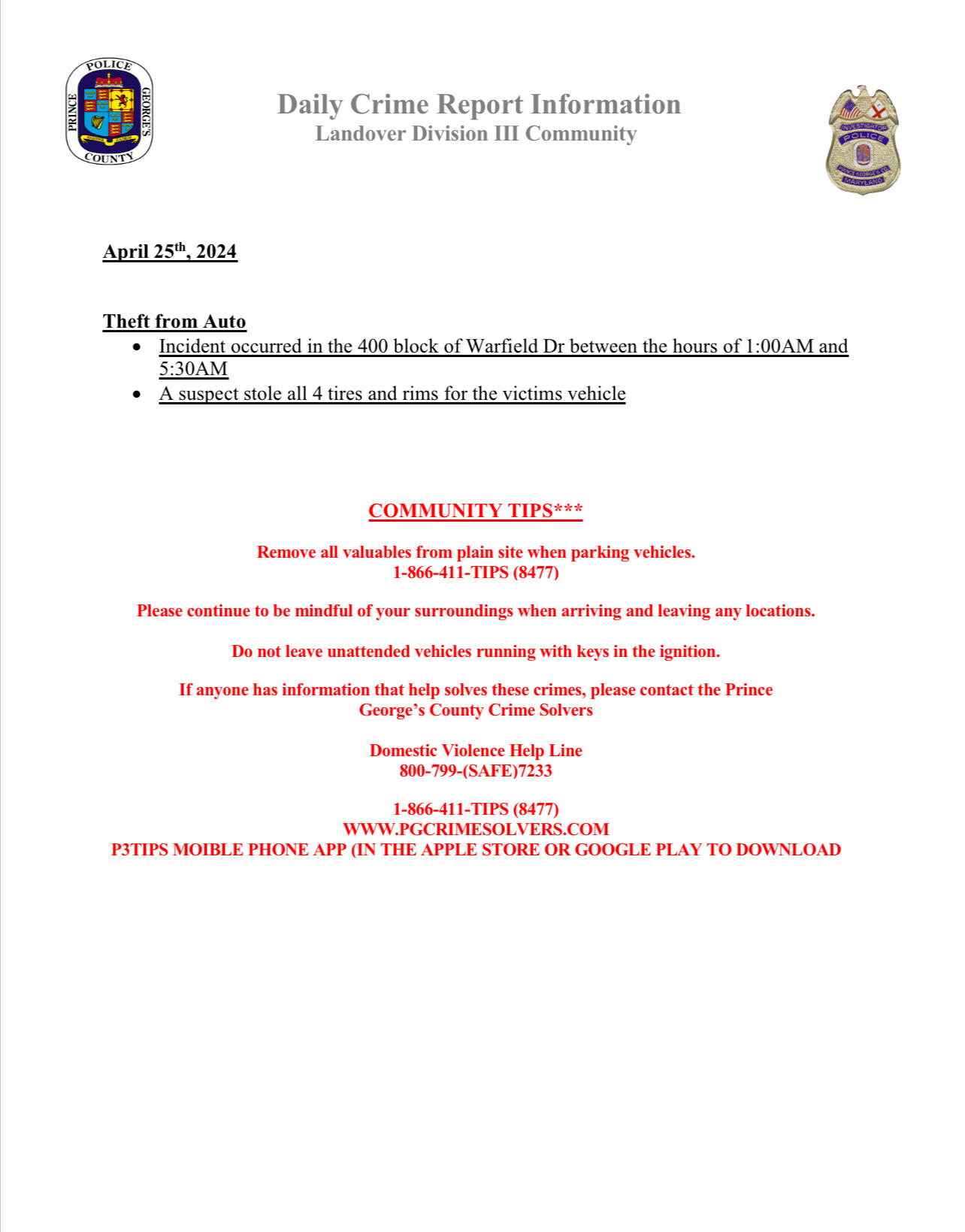 Landover Division III Daily Crime Report for April 25th, 2024 (Prince ...