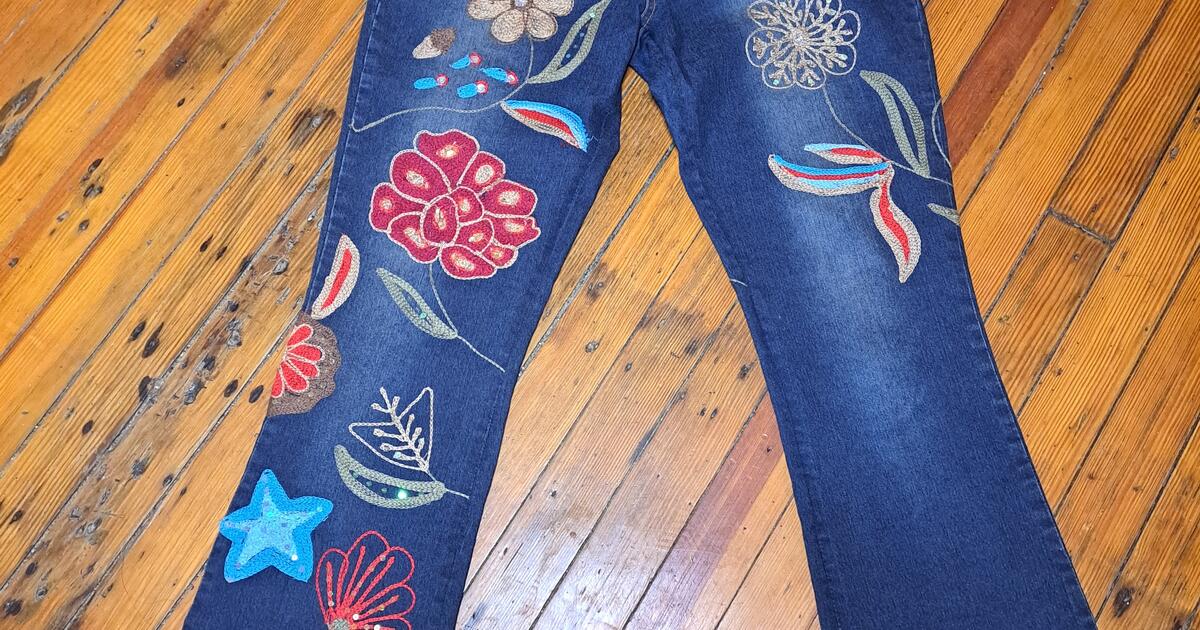 Wearable Art Embroidered High Waist Flare Boot Cut Dark Wash Empathy ...