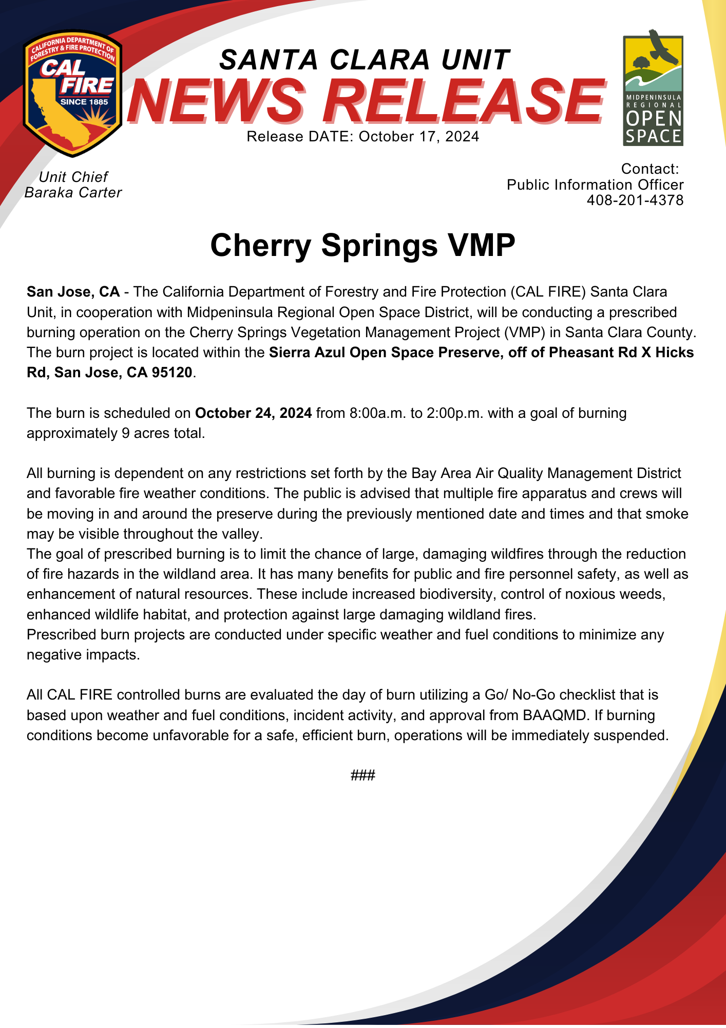 On October 24, 2024 #CALFIRESCU in collaboration with Midpeninsula Open ...