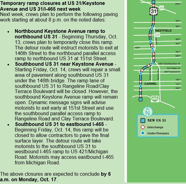 Temporary ramp closures at US 31/Keystone Avenue and US 31/I-465 next ...