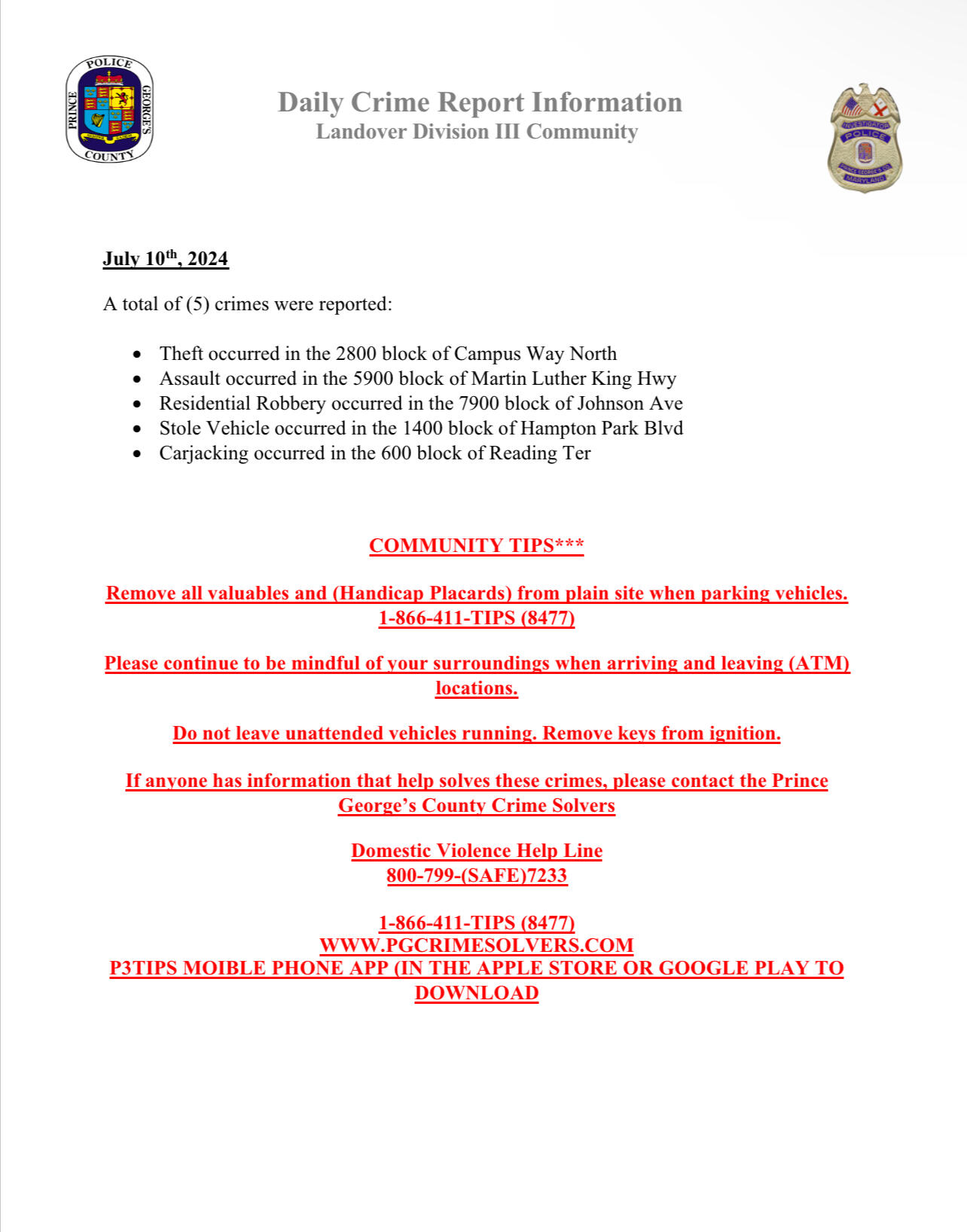 Landover Division III Daily Crime Report for July 10th, 2024 (Prince ...