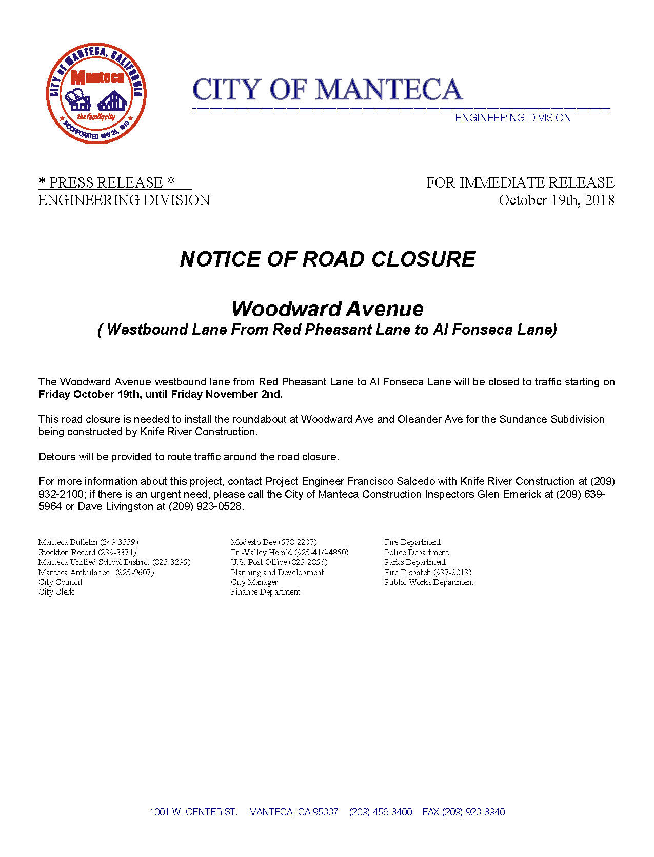 Notice of Road Closure @ Woodward Avenue: 10/19/18 - 11/2/18 (City of ...
