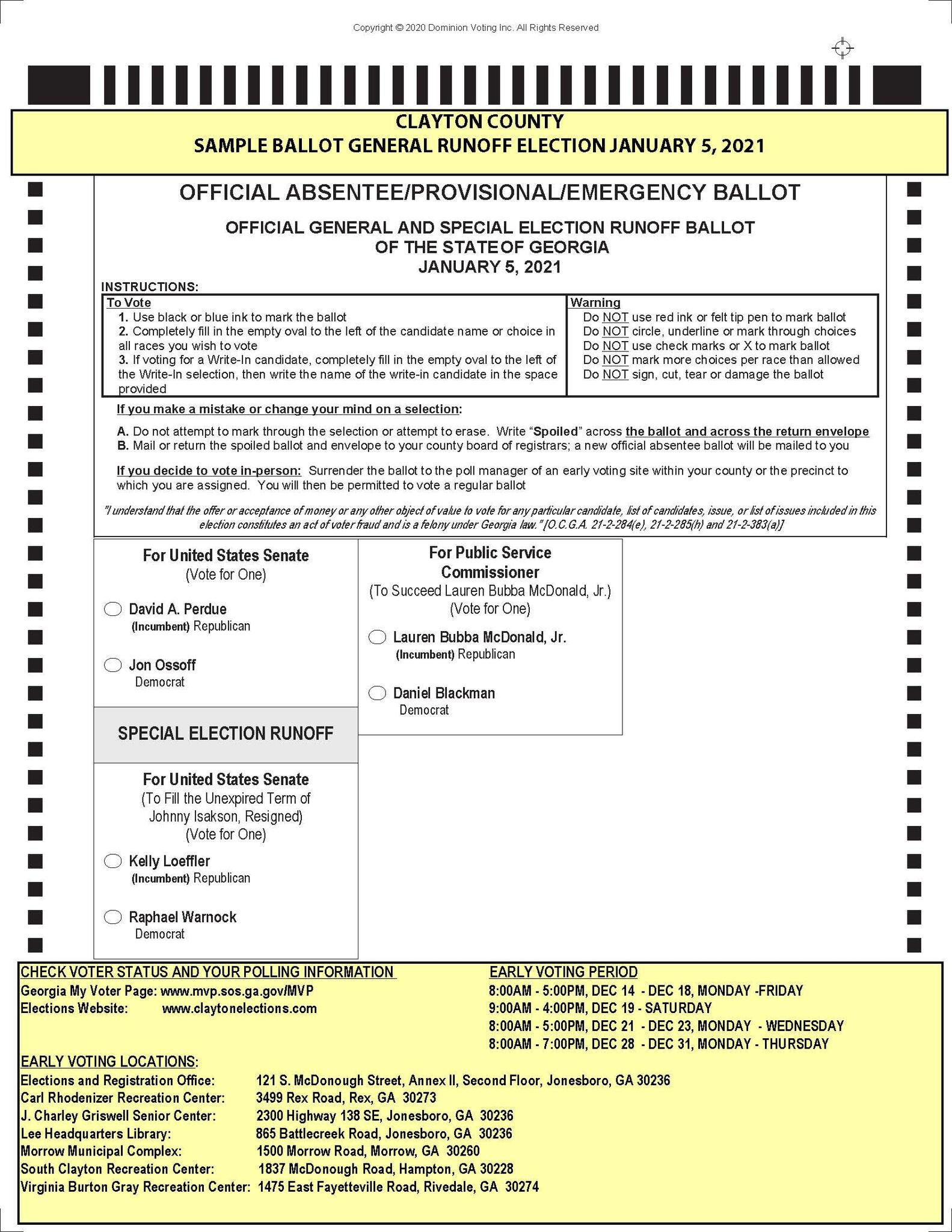 Sample Ballot and Early Voting Information: January 5, 2021, General ...