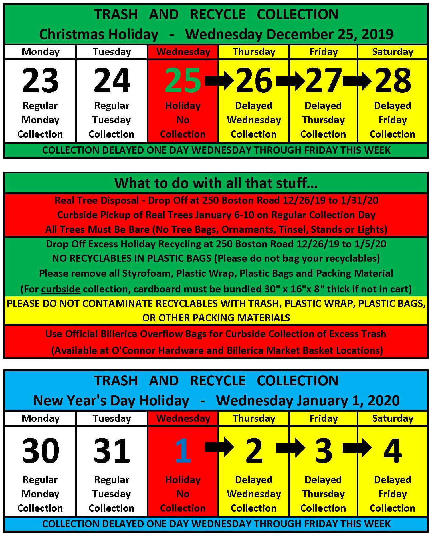 Holiday Trash and Recycle Schedule and Information. (Town of Billerica ...