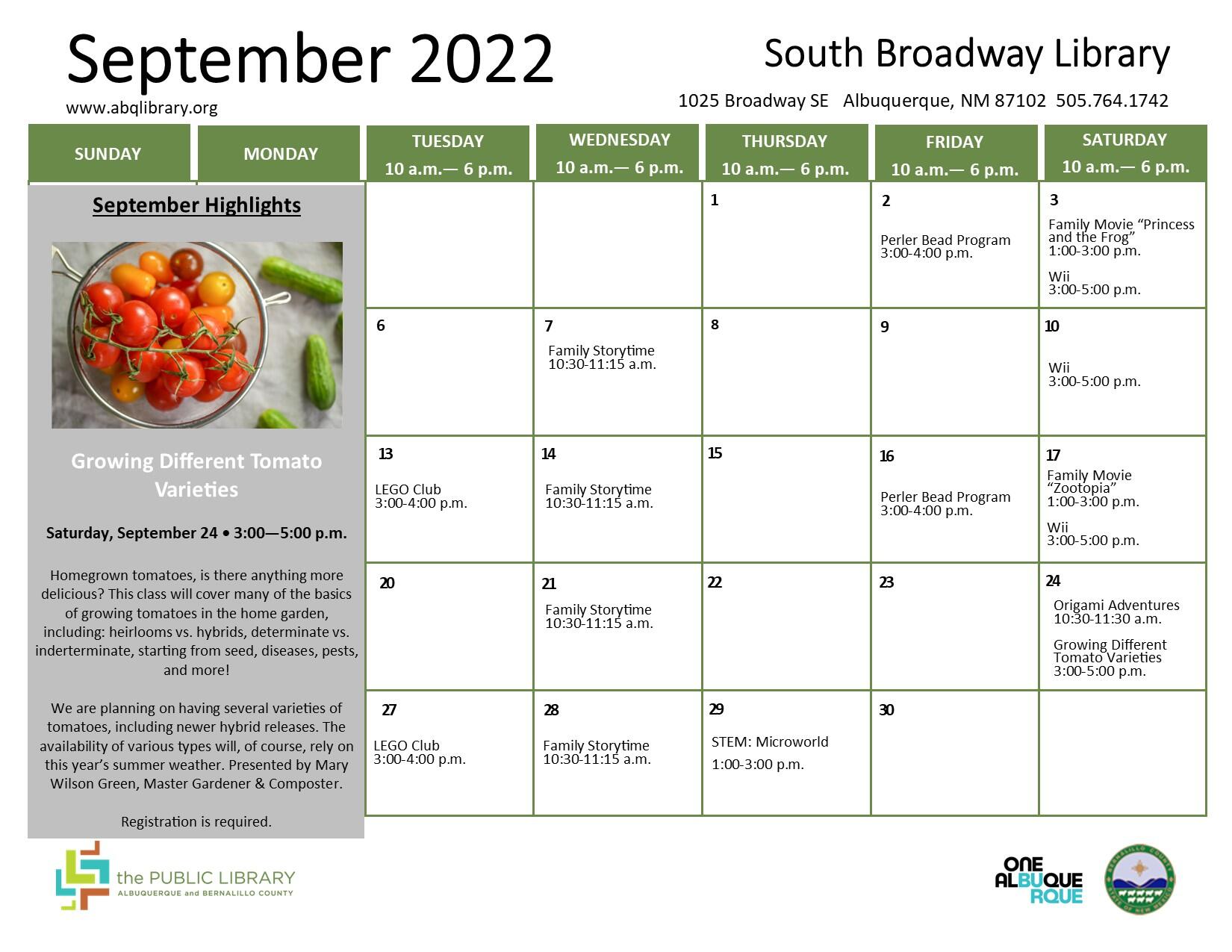 South Broadway Library, September 2022 Calendar & Programs (City of ...