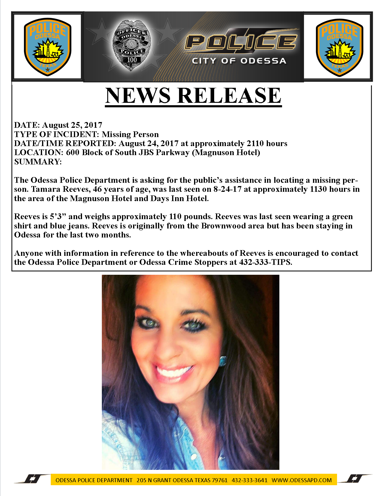 Update: Missing Person Tamara Reeves Safely Located (Odessa Police ...