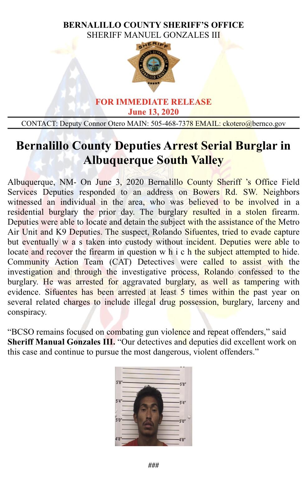***PRESS RELEASE Bernalillo County Deputies Arrest Serial Burglar in ...