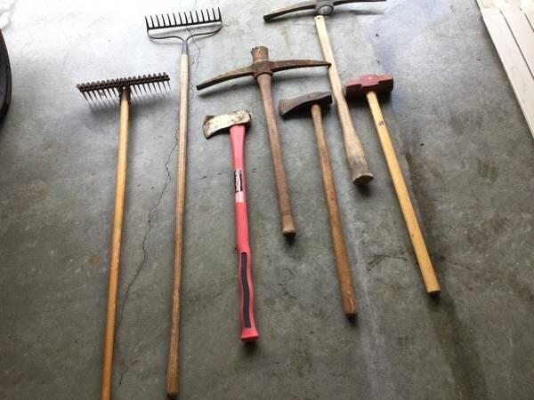 OLDER LOT OF WORK GARDEN TOOLS AXE RAKES HEDGE HAMMER for $30 in St ...