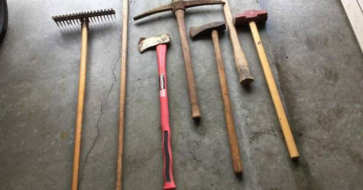 OLDER LOT OF WORK GARDEN TOOLS AXE RAKES HEDGE HAMMER for $30 in St ...