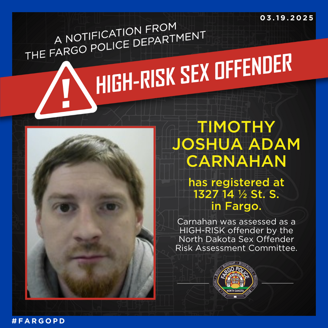 The Fargo Police Department is notifying the community that a registered sex offender, Timothy ...