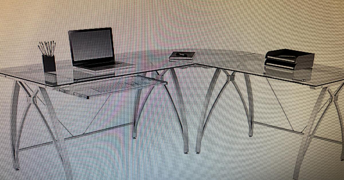GLASS, L SHAPED TEMPERED GLASS, MUST SELL!!!! SILVER METAL FRAME DESK ...